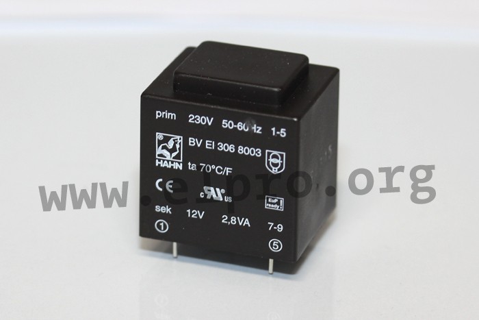 Hahn PCB transformers, 2,8VA, low open circuit dissipation loss, EI 30 ...