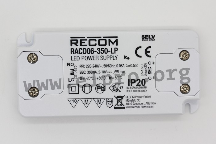 Recom LED drivers, 6W, IP20, constant current, RACD06-LP series - elpro ...