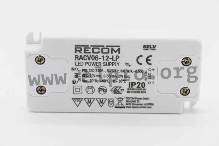 Recom LED drivers, 6W, IP20, constant voltage, RACV06-LP series - elpro ...