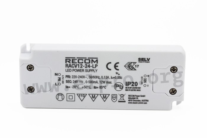 Recom LED drivers,12W, IP20, constant voltage, RACV12-LP series - elpro Elektronik