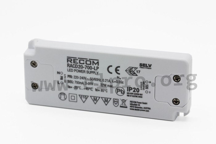 Recom LED drivers, 20W, IP20, constant current, RACD20-LP series - elpro Elektronik