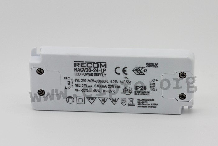 Recom LED drivers, 20W, IP20, constant voltage, RACV20-LP series ...