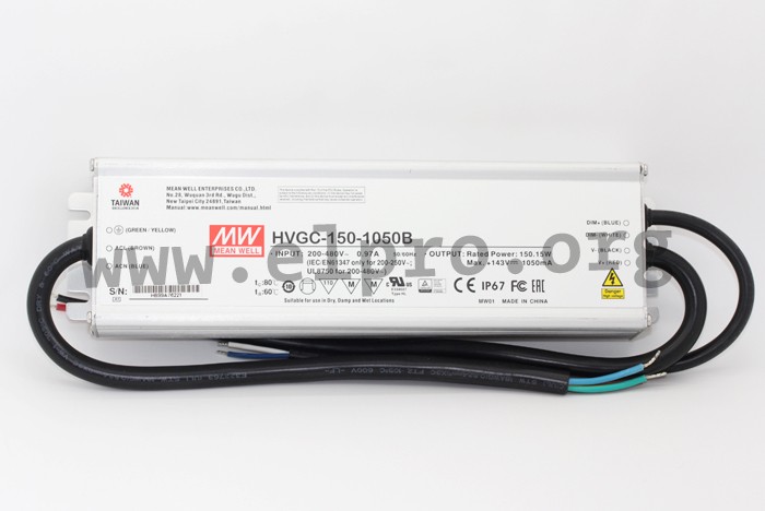 Mean Well LED-Schaltnetzteile, 150W, IP67, Konstantstrom, dimmbar, Hochvolt, HVGC-150 Serie ...